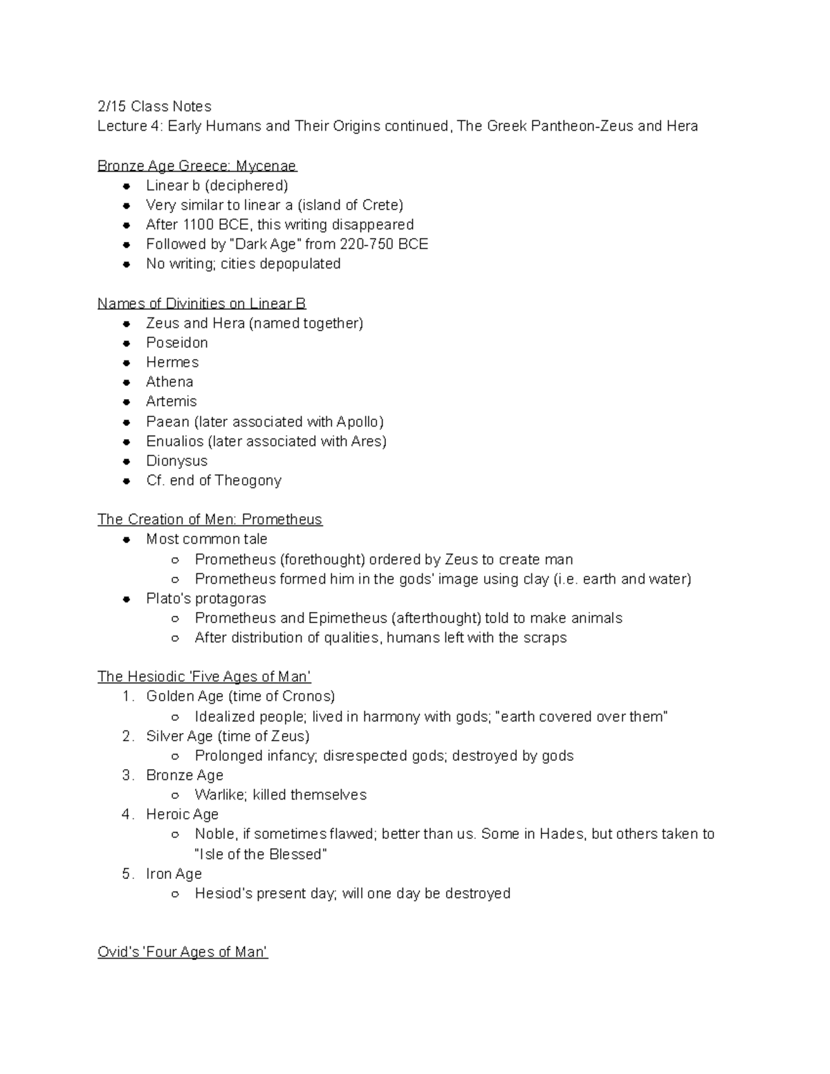 2/15 Class Notes - The Age of Zeus - 2/15 Class Notes Lecture 4: Early ...
