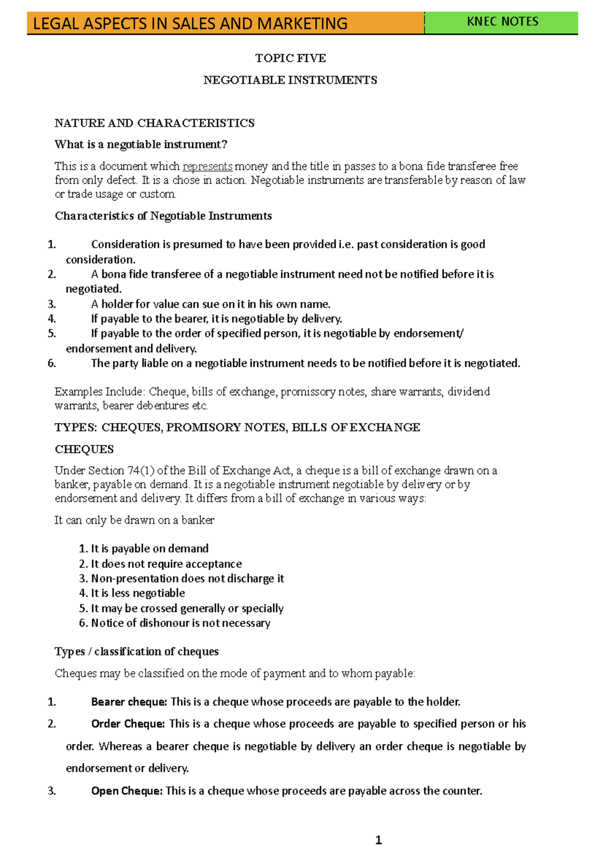 Negotiatable instruments - TOPIC FIVE NEGOTIABLE INSTRUMENTS NATURE AND ...