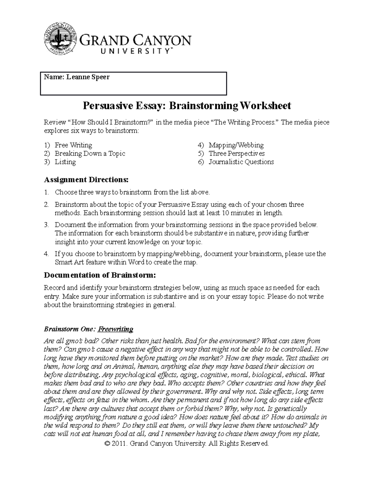 PHI-105 T-2 Brainstorming - Name: Leanne Speer Persuasive Essay ...