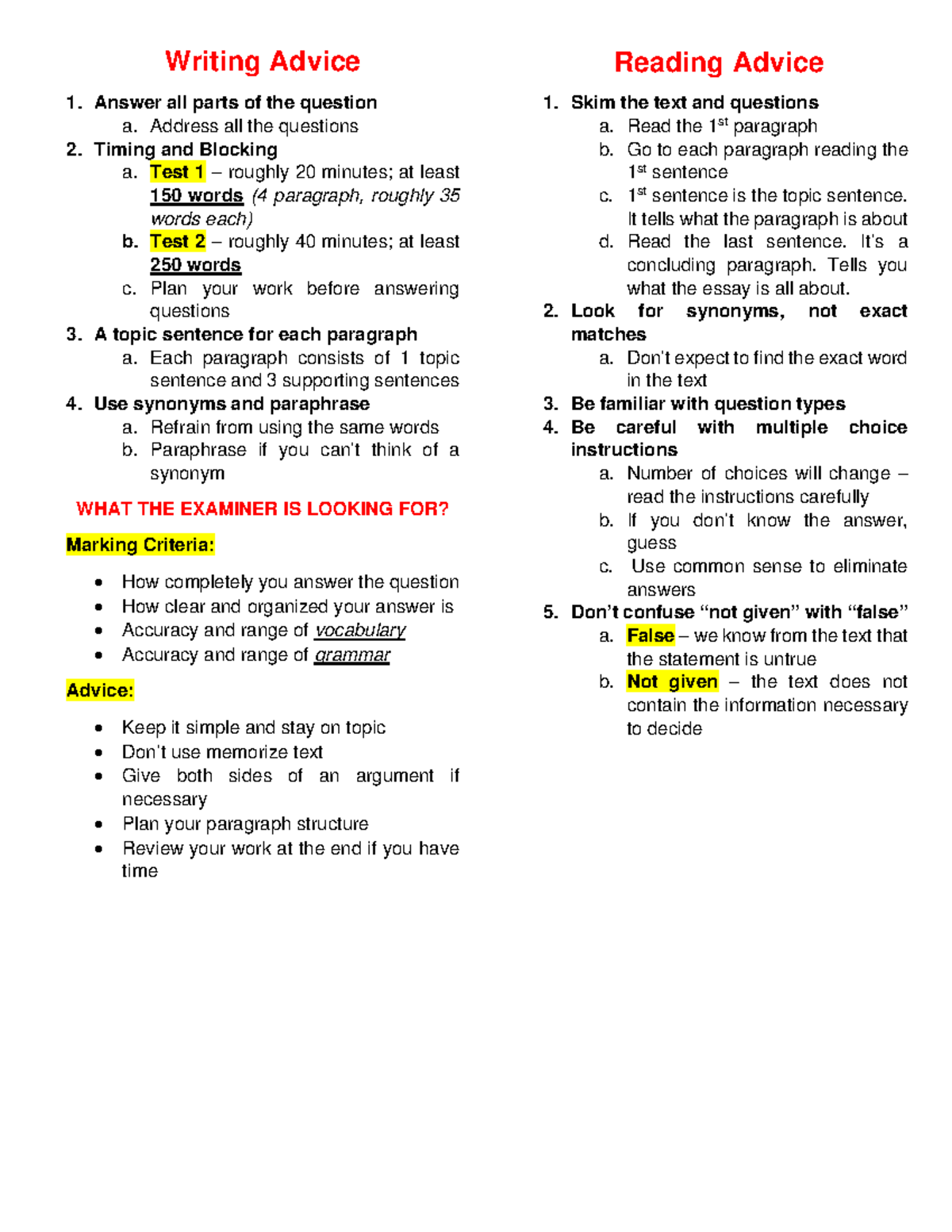 Writing and Reading Advice - Writing Advice 1. Answer all parts of the ...