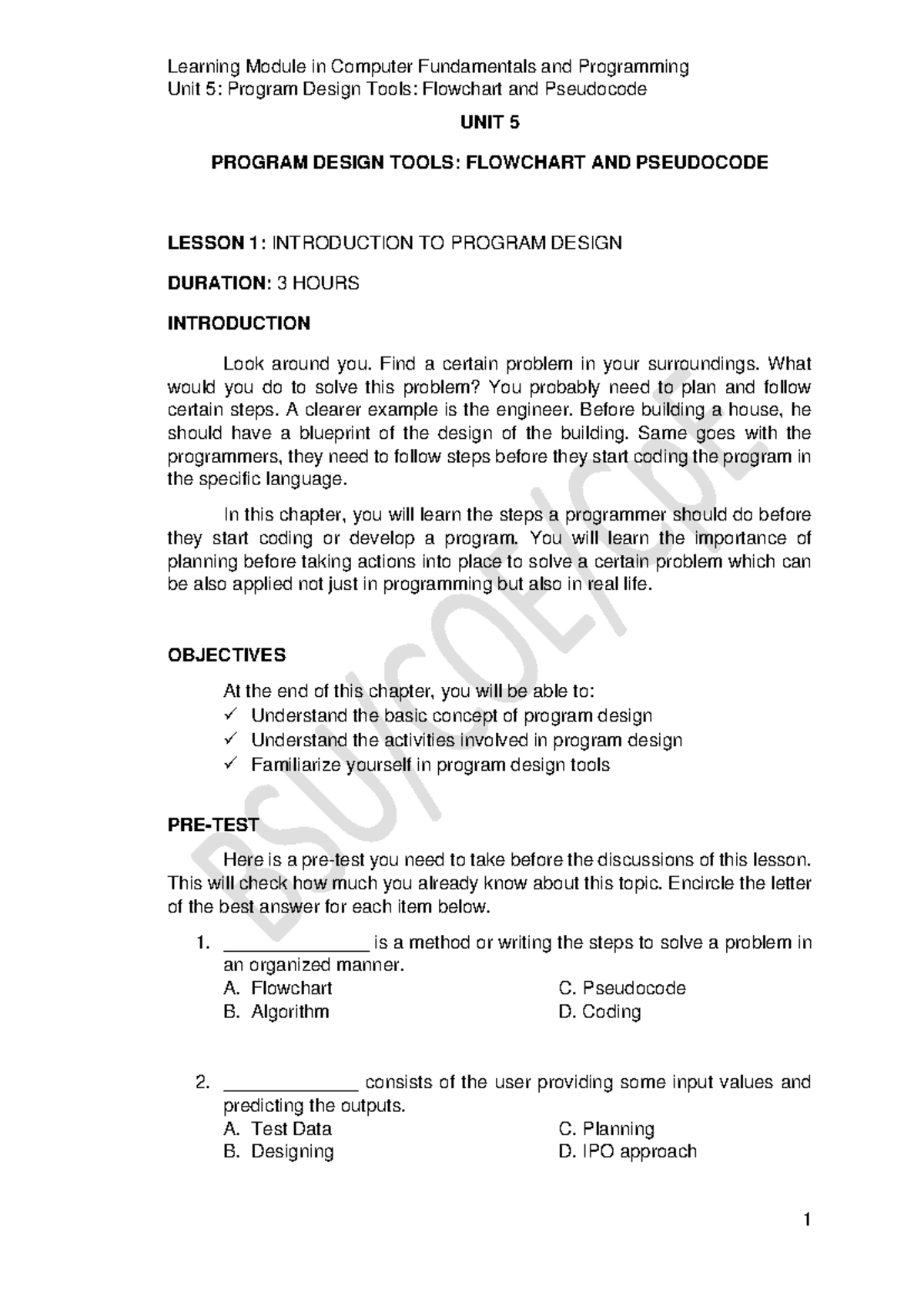 CFP Unit5 Flowchart-and-Pseudocode - Unit 5: Program Design Tools: Flowchart and Pseudocode UNIT ...