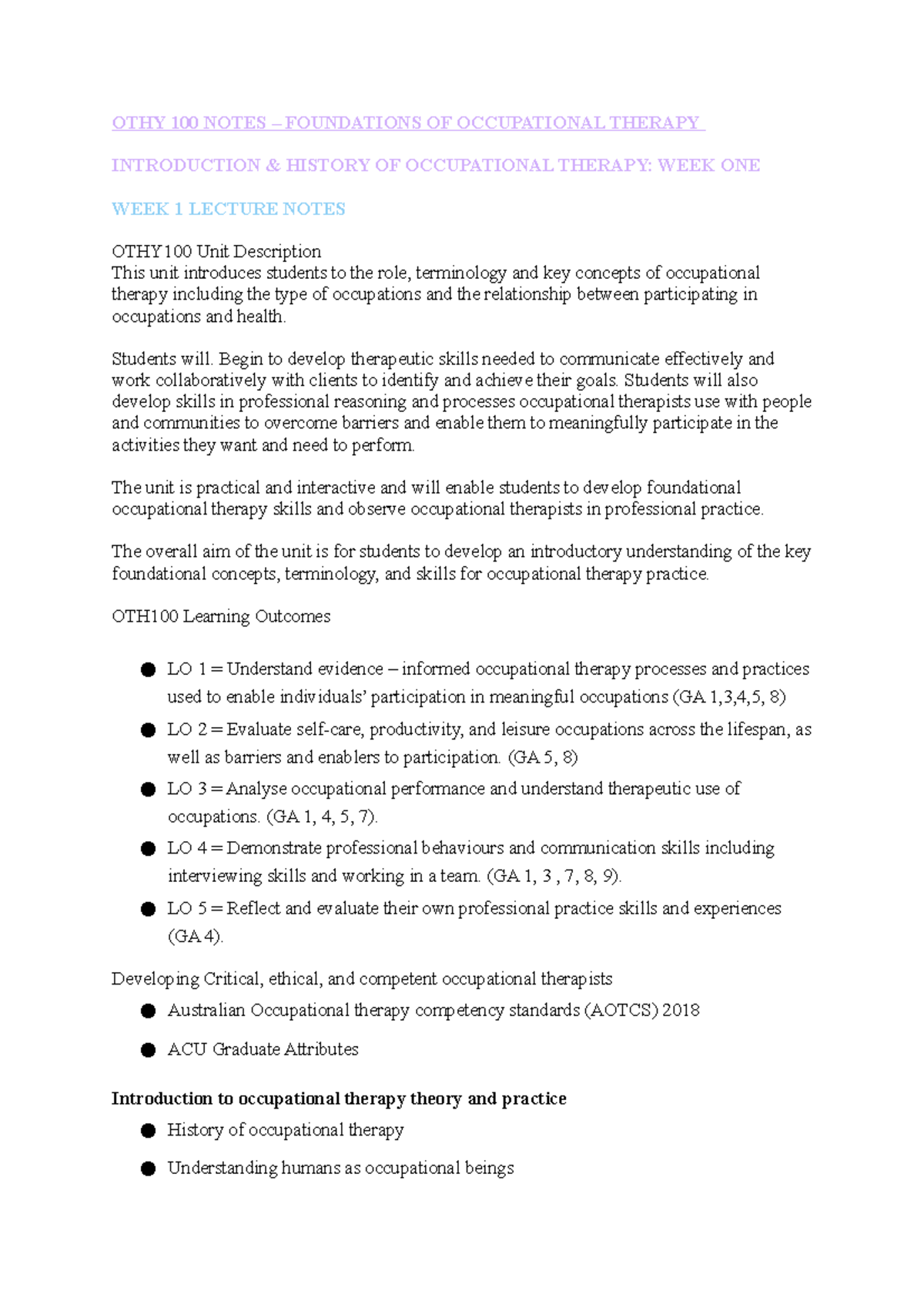 Foundations OF OT (OTHY 100) Notes - OTHY 100 NOTES – FOUNDATIONS OF ...