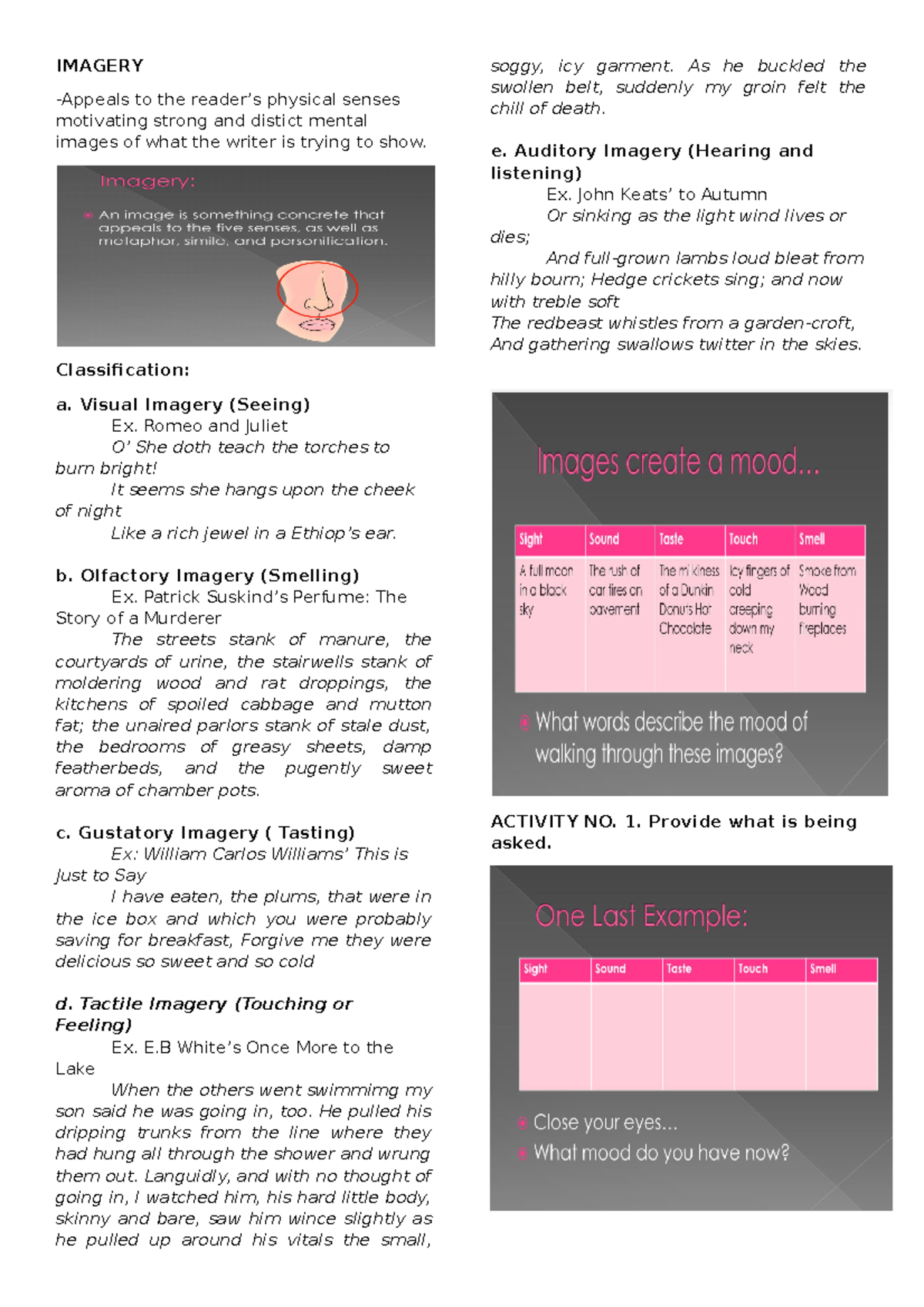 Imagery - English 9 - IMAGERY -Appeals to the reader’s physical senses ...
