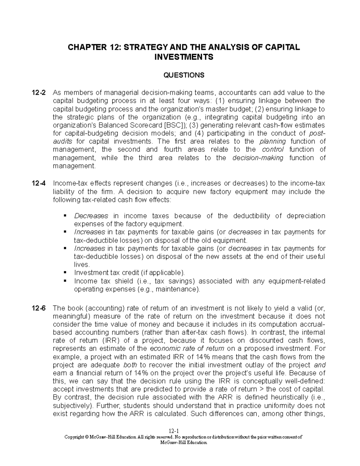 Blocher 8e EOC SM Ch12 Final Student - CHAPTER 12: STRATEGY AND THE ANALYSIS OF CAPITAL ...