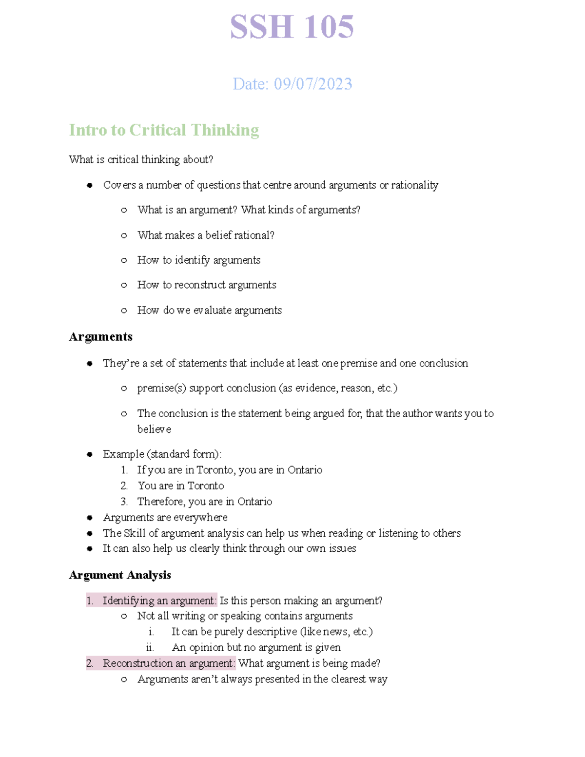 SSH 105 - Notes for online lectures from weeks 1-6 - SSH 105 Date: 09 ...