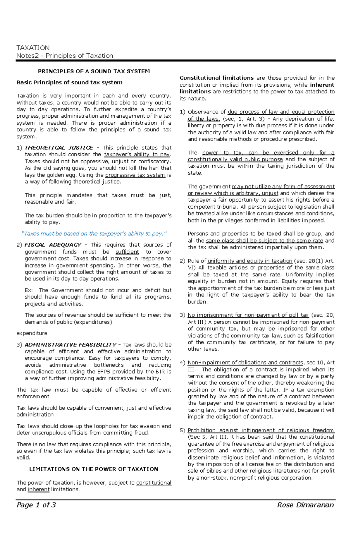 Notes 2 Basic Concepts and Principles in Taxation - Page 1 of 3 Rose ...