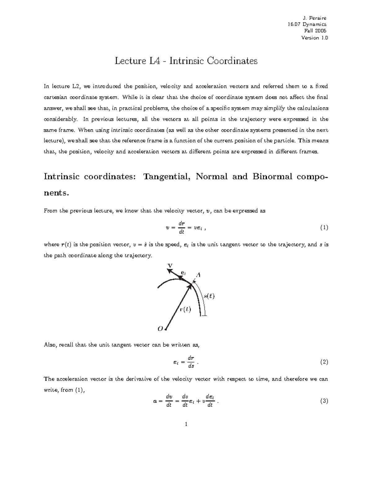 L4 L1 lecture note Lecture 4 - J. Peraire 16 Dynamics Fall 2005 Version 1. Lecture L4 ...