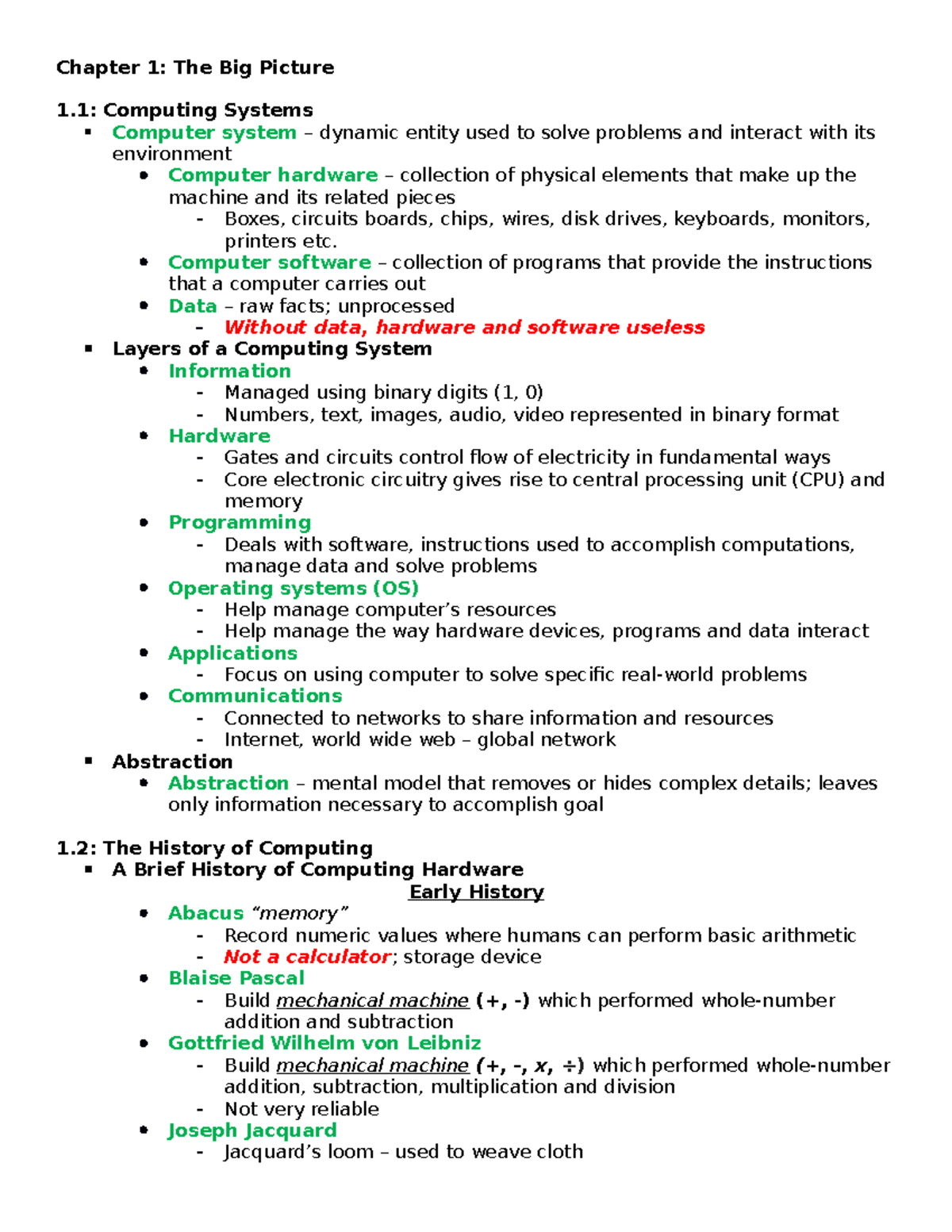 Summary of entire course - Chapter 1: The Big Picture 1: Computing ...