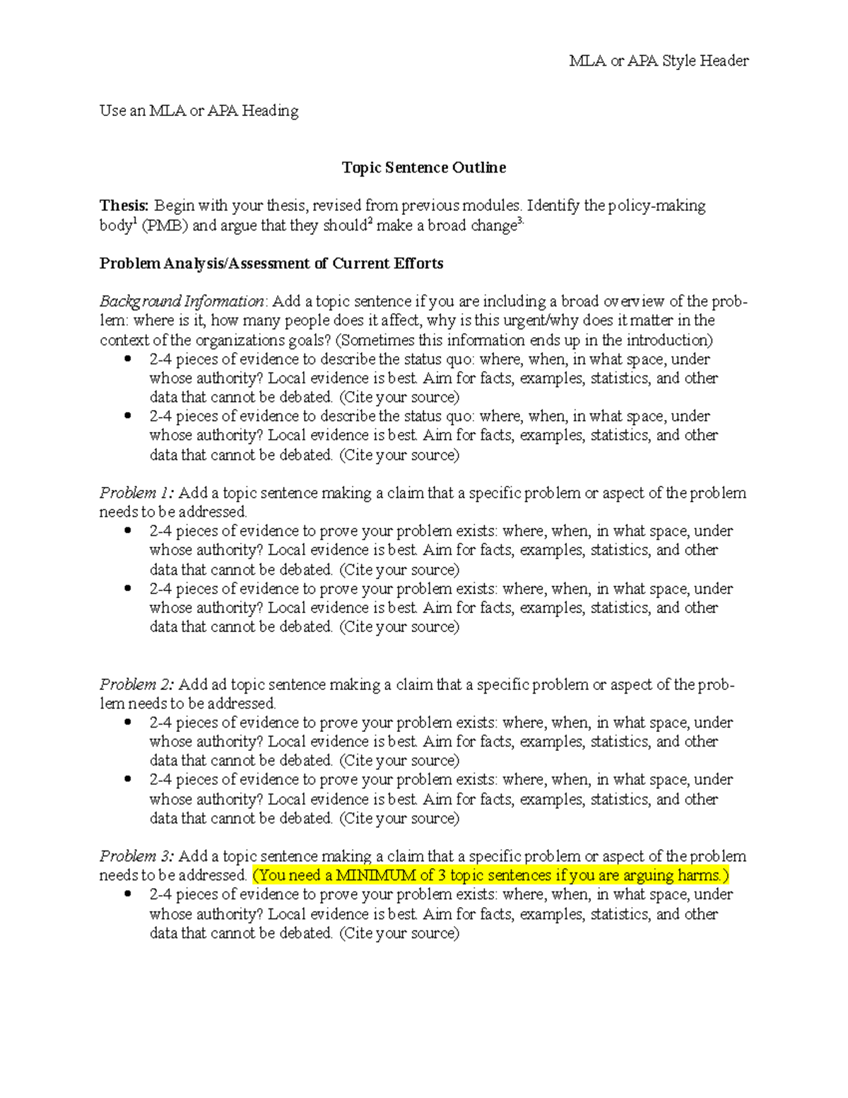 Harms Topic Sentence Outline V1 - Use an MLA or APA Heading Topic ...