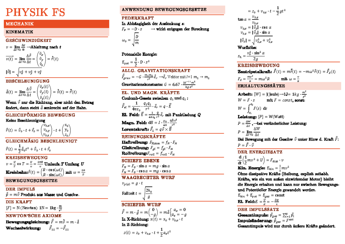 Formelsammlung Physik - 𝑣 = lim ୼௧→଴ ୢ௫ ୢ௧ → 𝑣(𝑡) ሬሬሬሬሬሬሬሬ⃗ = lim ୼௧→ ...