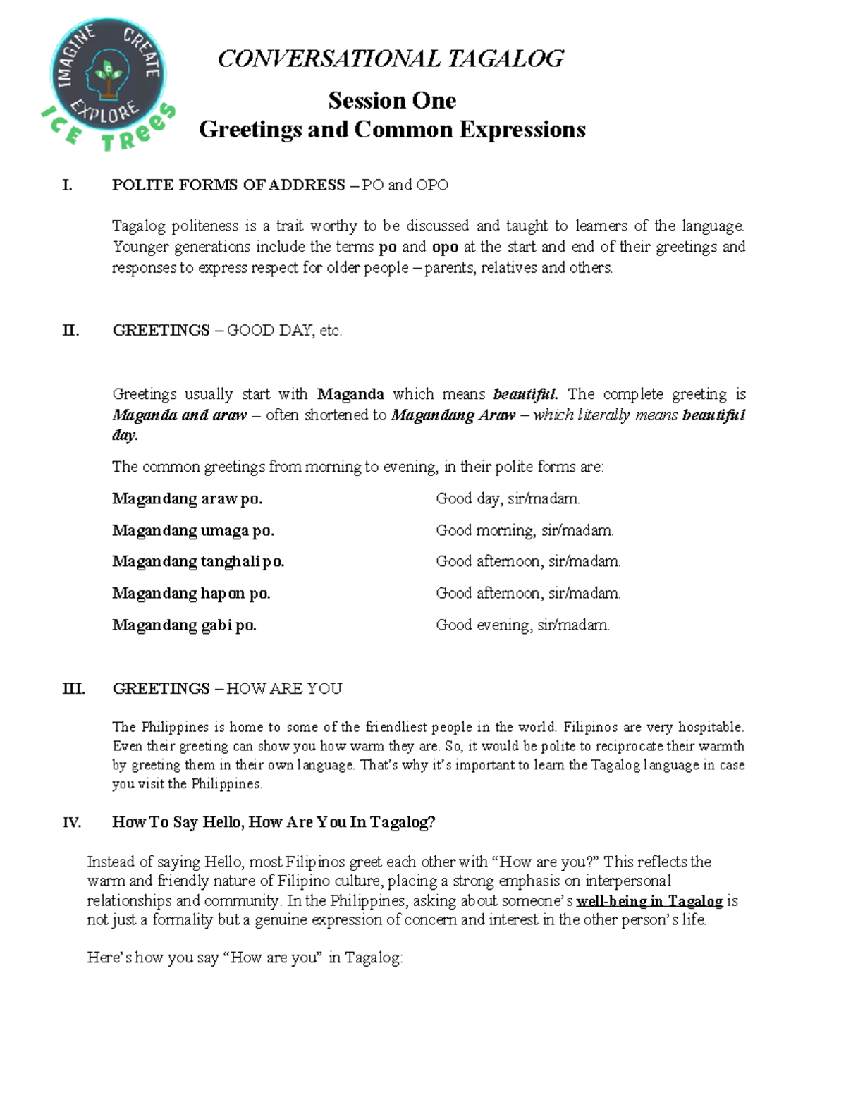 Session 1 - Greetings and Common Expressions - CONVERSATIONAL TAGALOG ...
