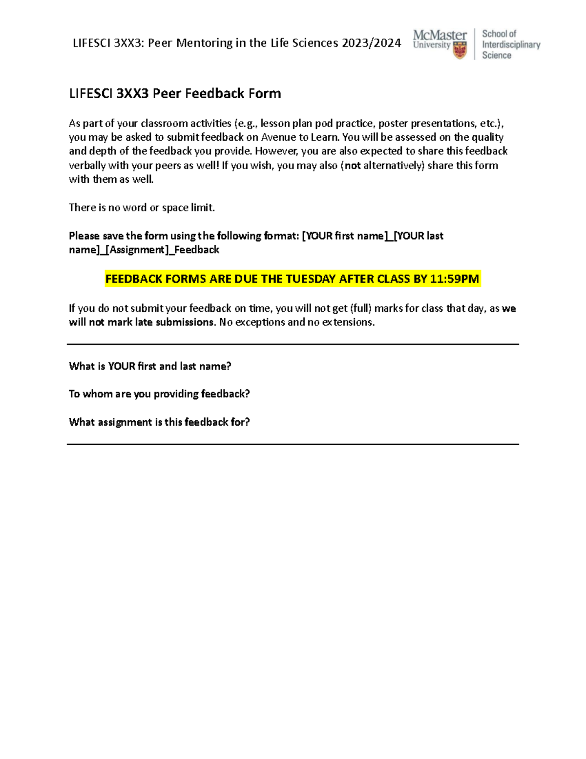 3XX3 Feedback Forms - LIFESCI 3XX3: Peer Mentoring in the Life Sciences ...