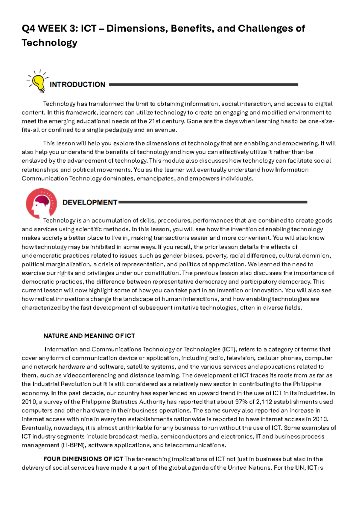 WEEK3-4 Reference (ICT) - Q4 WEEK 3: ICT – Dimensions, Benefits, and ...