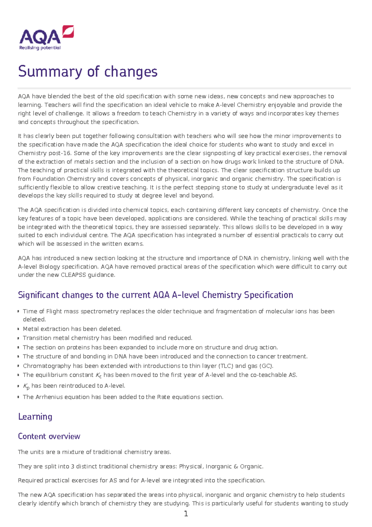 AQA Summary of changes - Notes - AQA have blended the best of the old ...