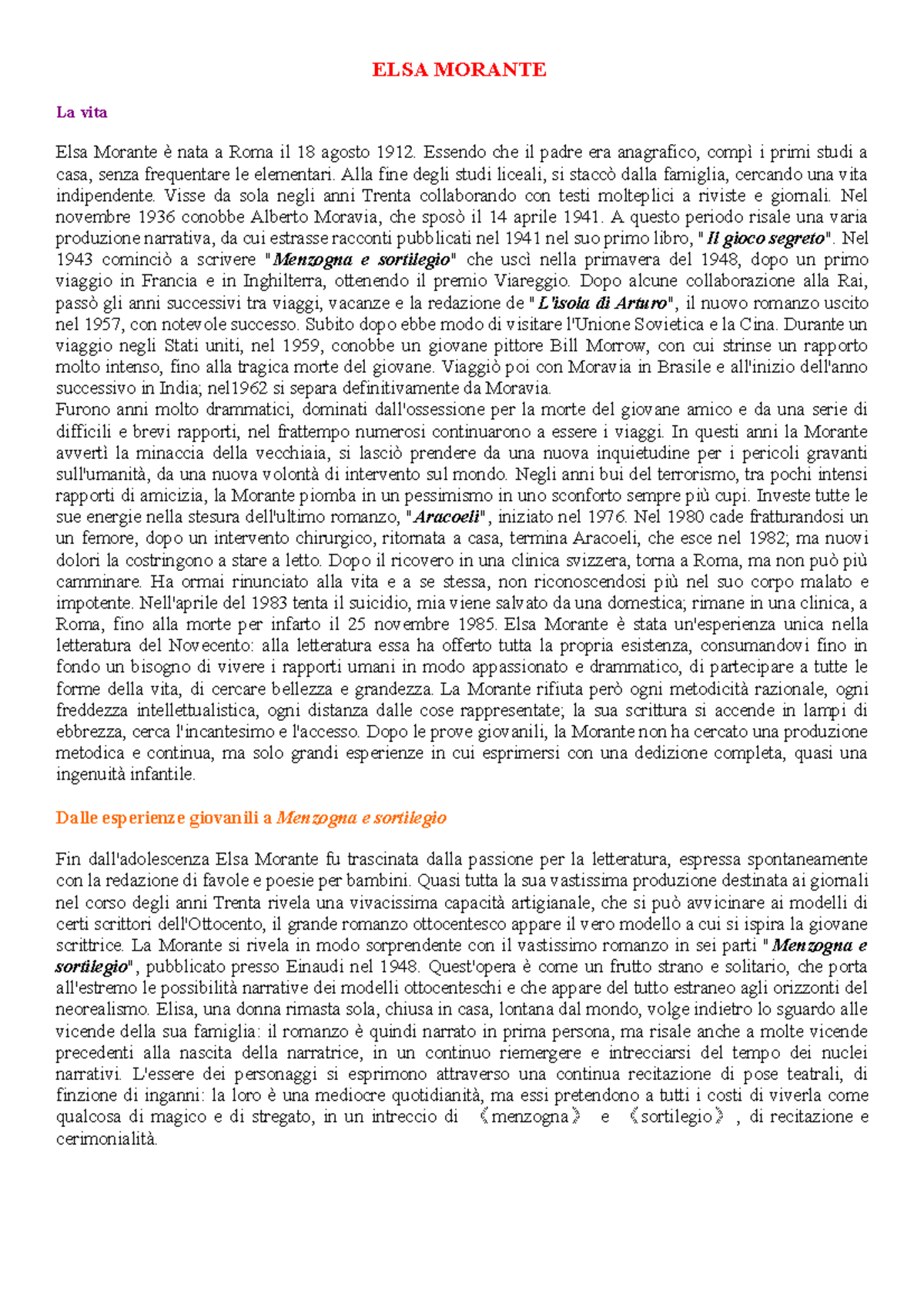 ELSA Morante - ELSA MORANTE La vita Elsa Morante è nata a Roma il 18 ...
