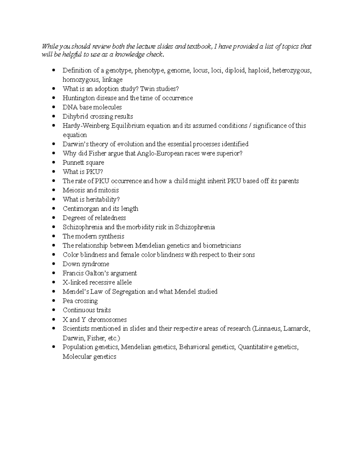 BG Exam 1 Review - While you should review both the lecture slides and ...