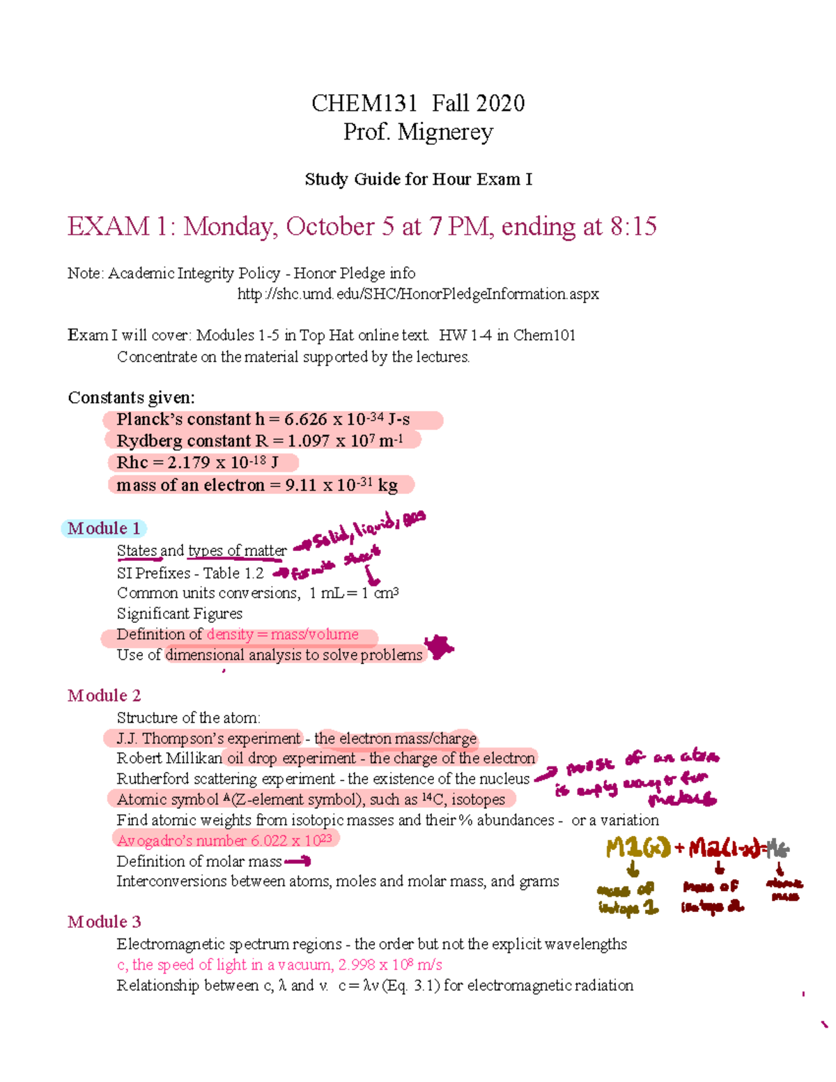 Chem Exam 1 Cheat Sheet - CHEM131 Fall 2020 Prof. Mignerey Study Guide ...