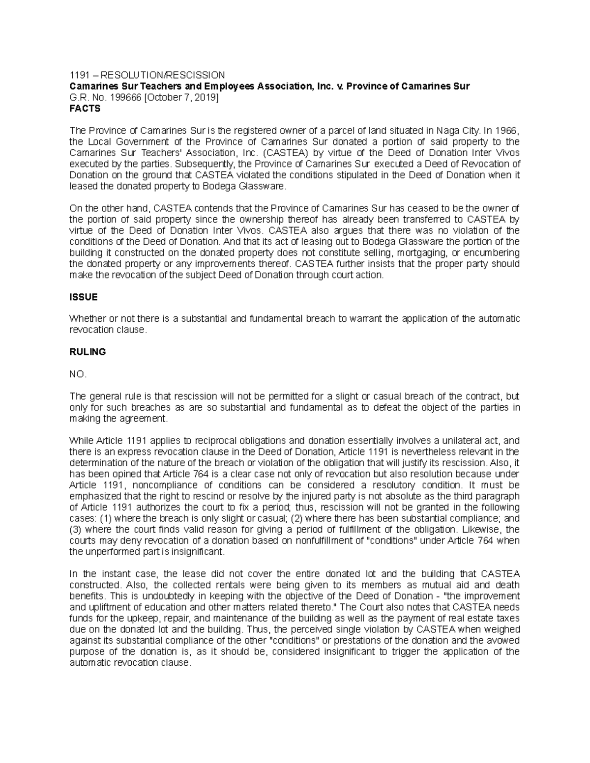 Article 1191 - . Camarines Sur Teachers and Employees Association, Inc ...