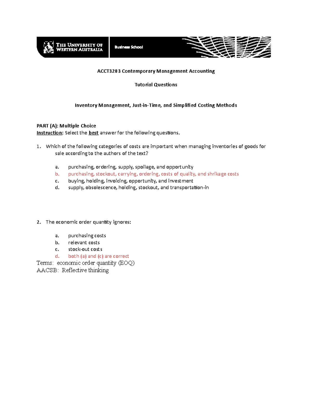 ACCT3203 WEEK10 TUTE - ACCT3203 Contemporary Management Accounting ...