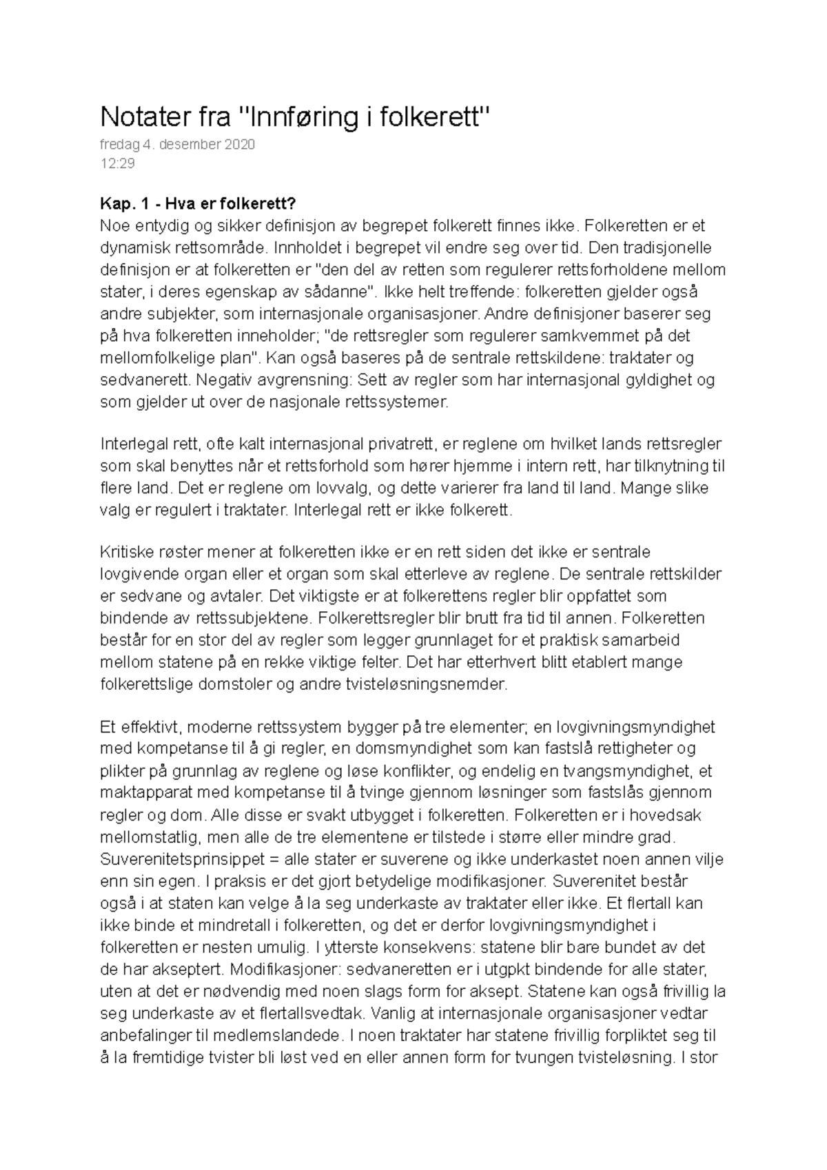 Notater fra Innføring i folkerett - Notater fra "Innføring i folkerett" fredag 4. desember - Studocu