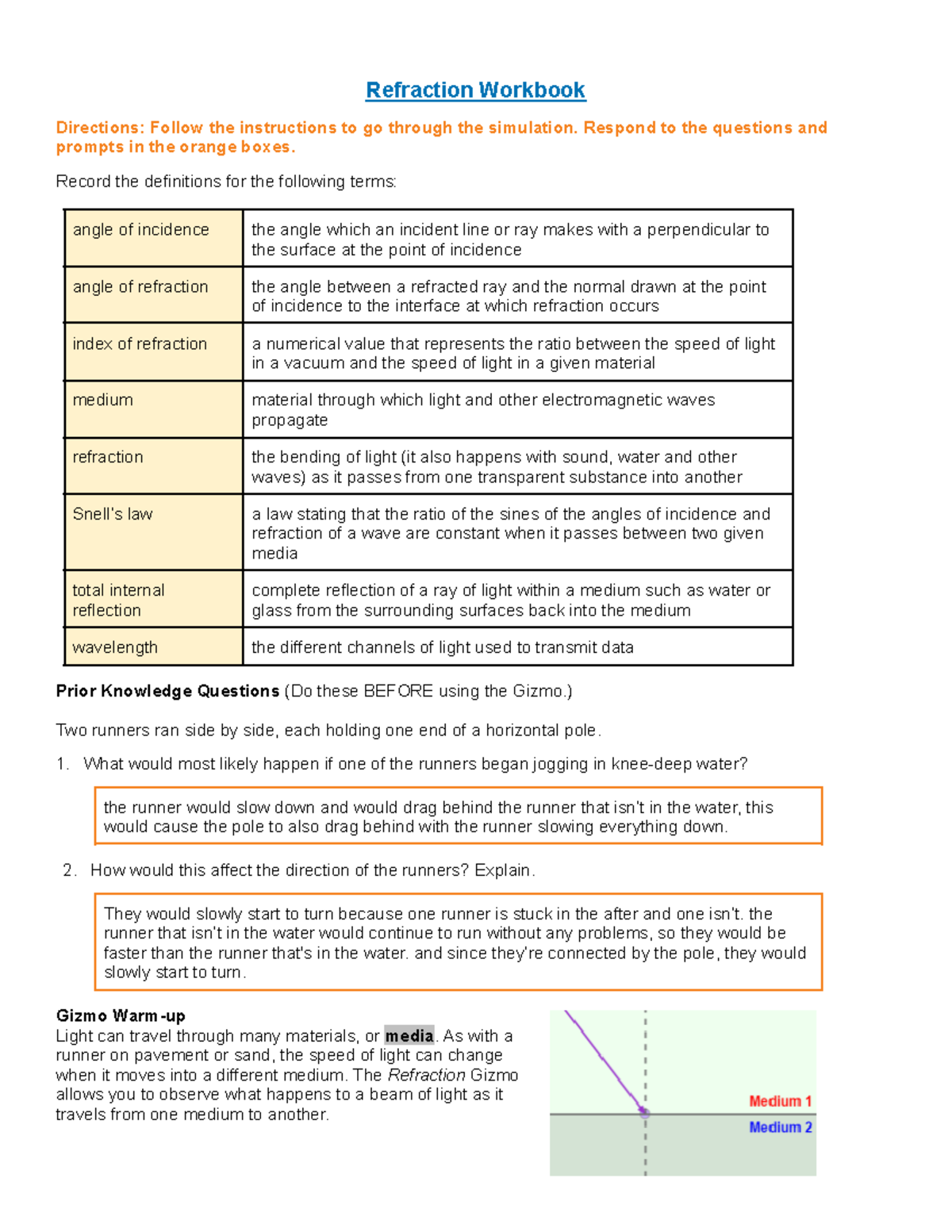 Refraction Workbook - answer key - Refraction Workbook Directions ...