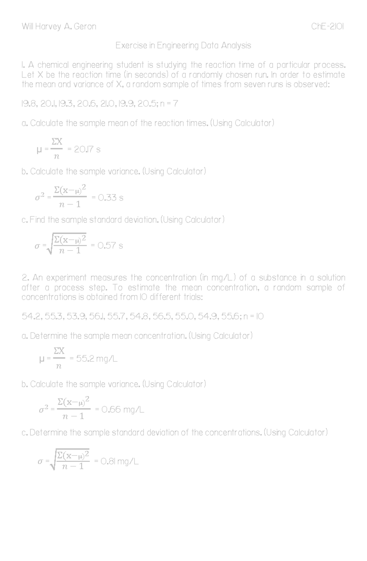 EDA practice problems - Will Harvey A. Geron ChE- Exercise in Engineering Data Analysis A ...