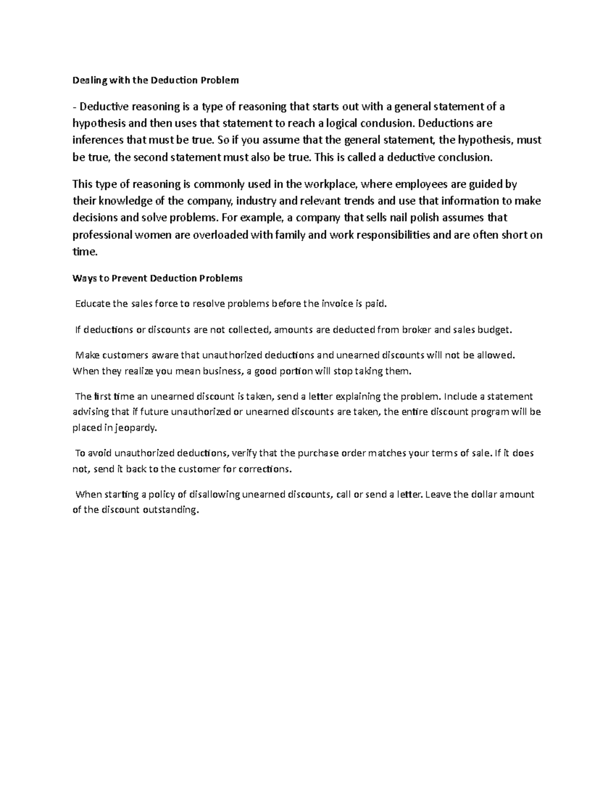 Report - Dealing with the Deduction Problem - Deductive reasoning is a ...