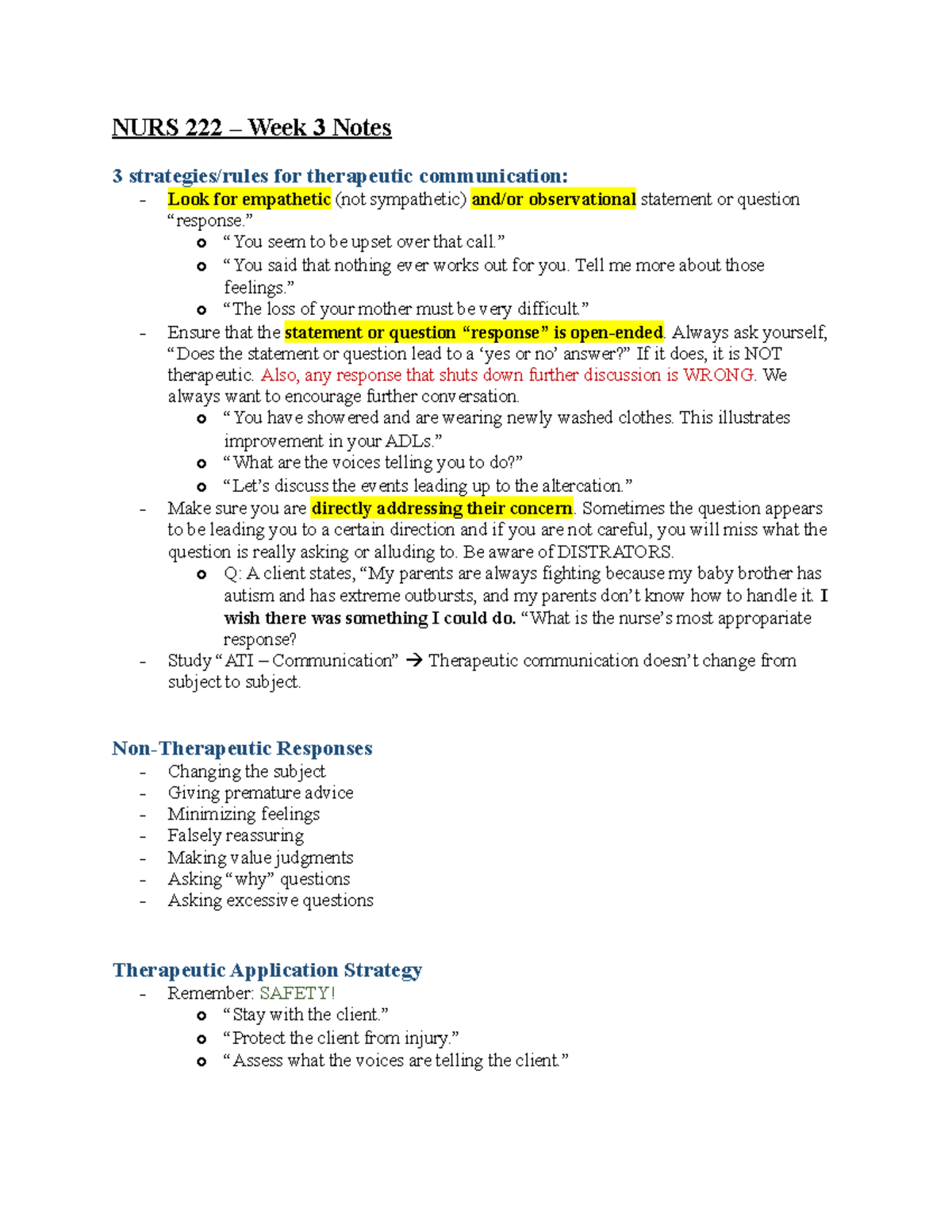 MH Week 2 Notes - NURS 222 – Week 3 Notes 3 strategies/rules for ...