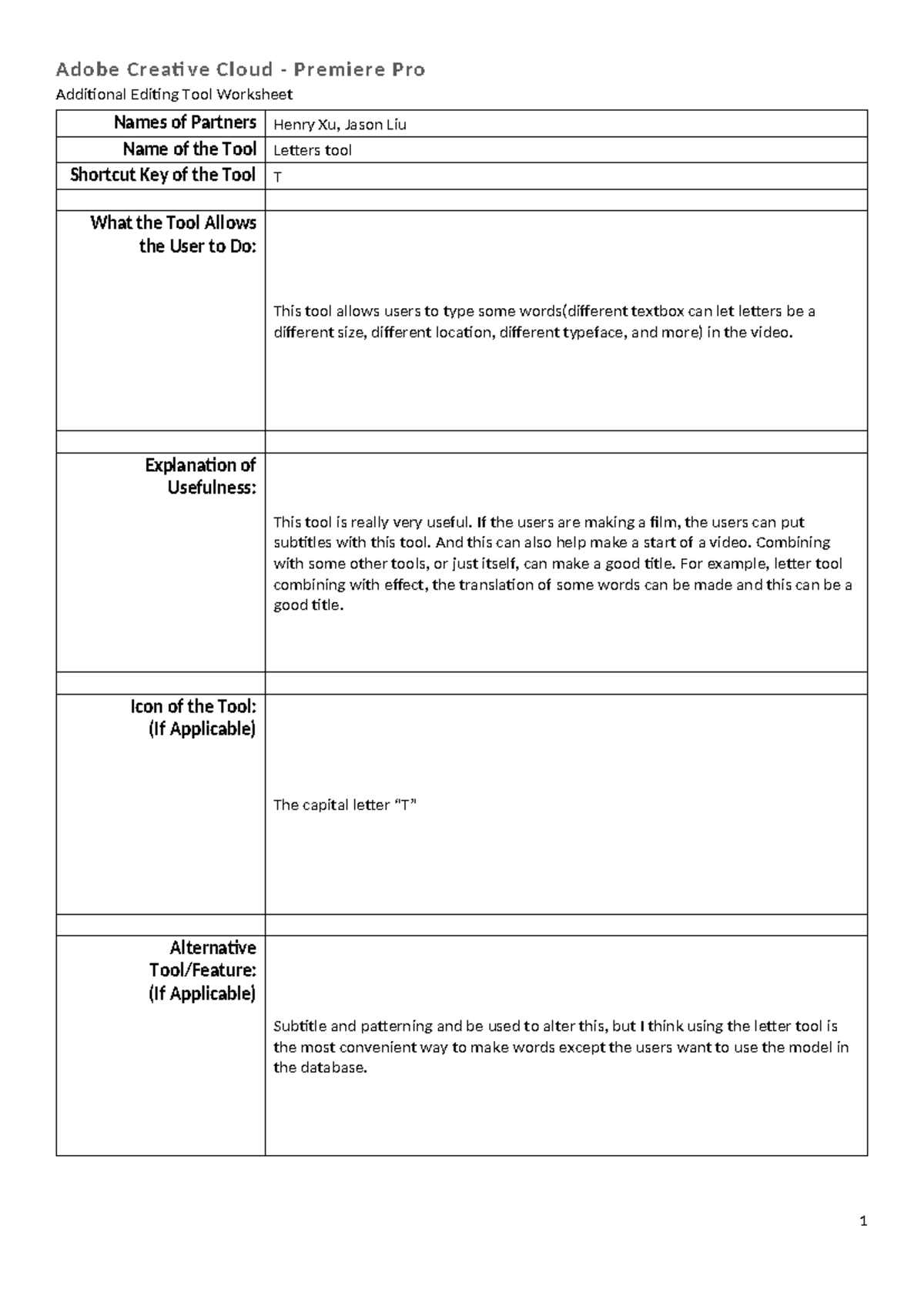 Adobe Creative Cloud Premiere Pro Assignment 5 (Worksheet) - Adobe ...