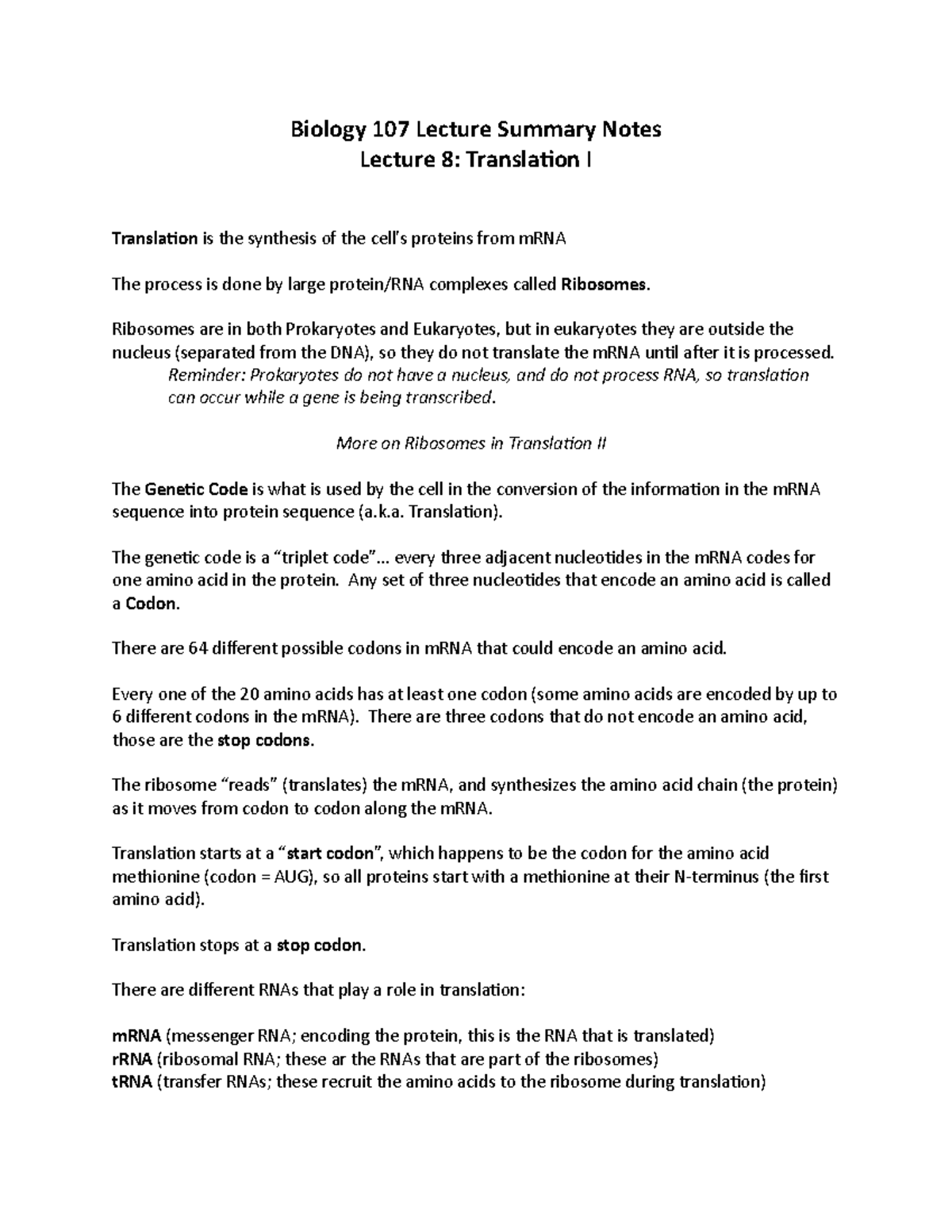 Lect 8 Summary Notes Sp 23 - Biology 107 Lecture Summary Notes Lecture ...