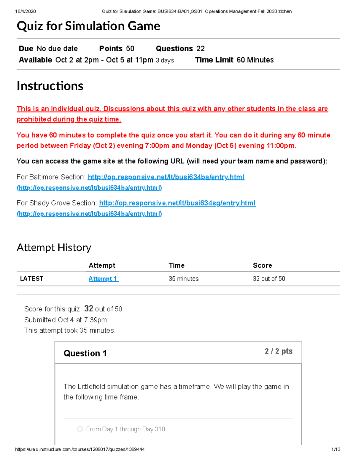 Operations Management Simulation - Quiz for Simulaঞon Game Due No due ...