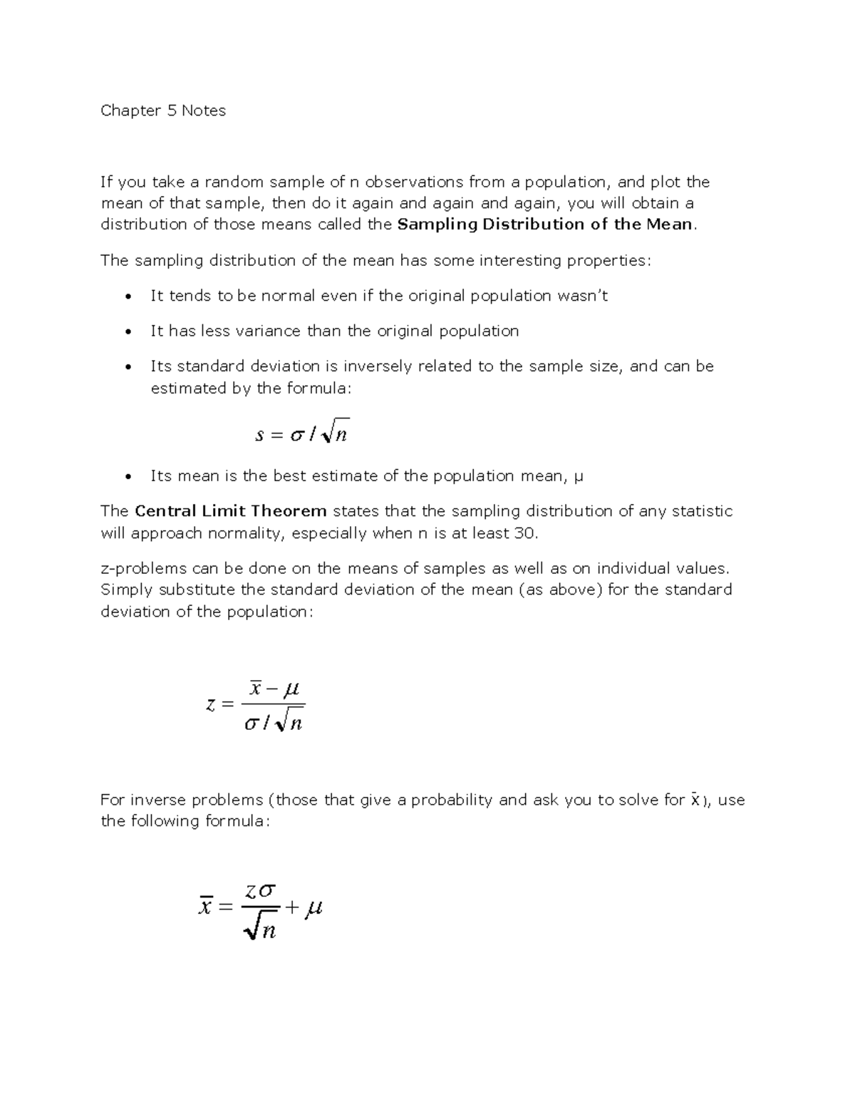 Chapter 5 Samp Distr - Chapter 5 Notes If you take a random sample of n ...