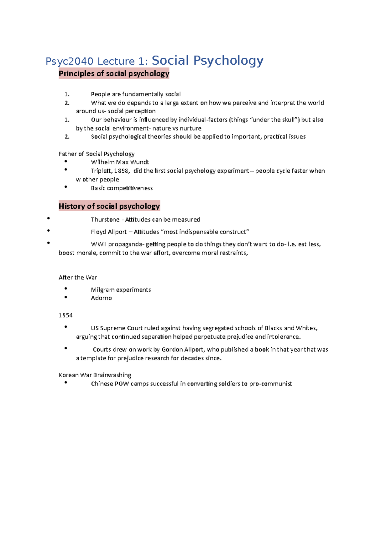 Psyc2040 lecture 1- social psychology - Psyc2040 Lecture 1: Social ...