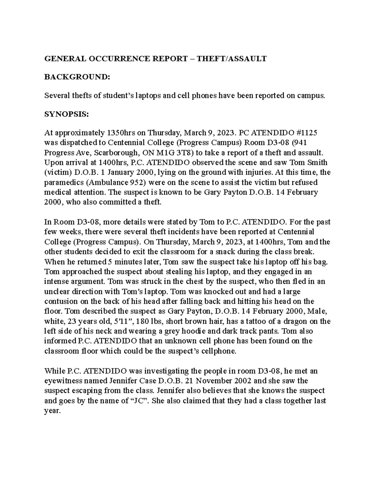 General Occurence - GENERAL OCCURRENCE REPORT – THEFT/ASSAULT ...