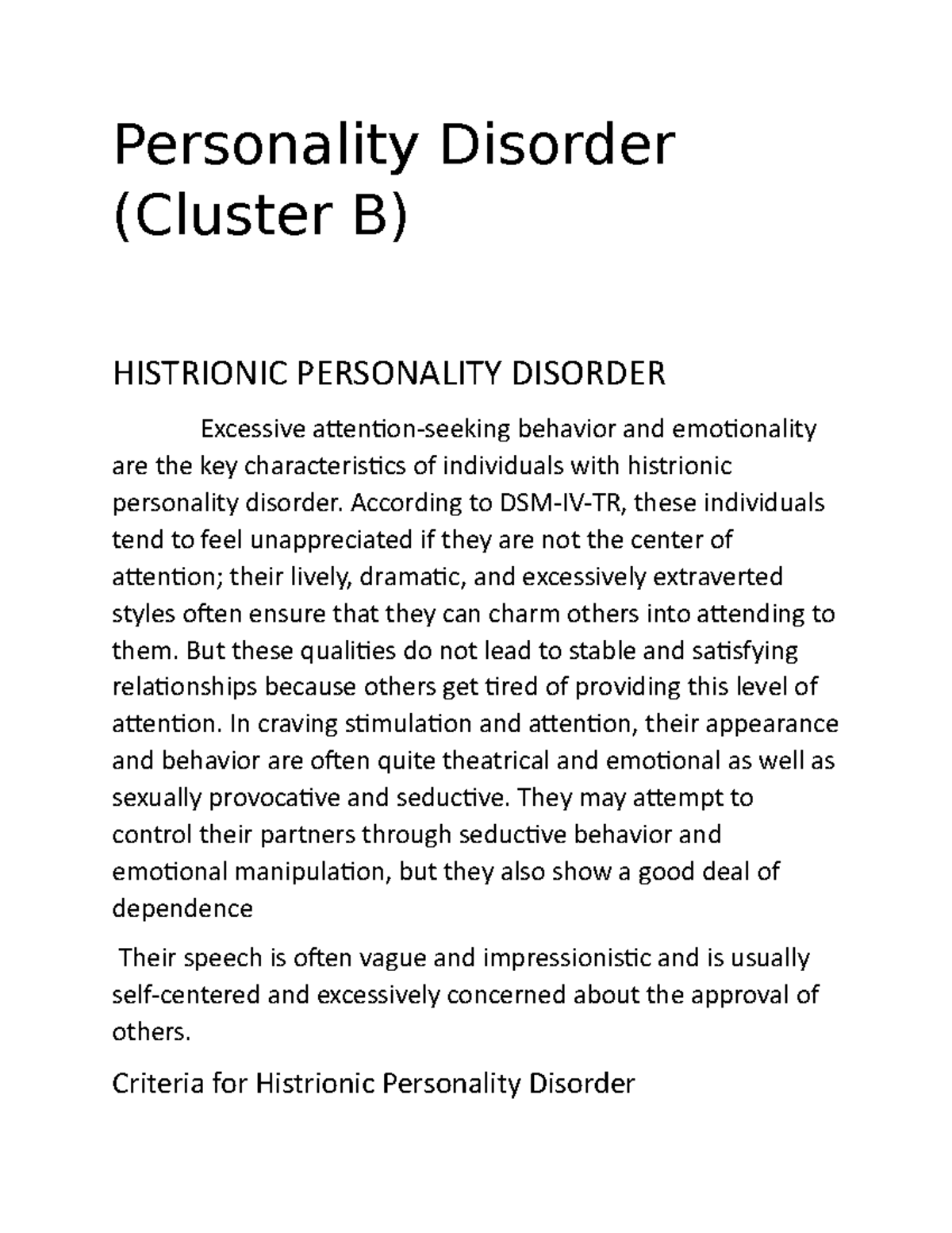 Personality Disorder (cluster B) abnormal psychology - Personality ...