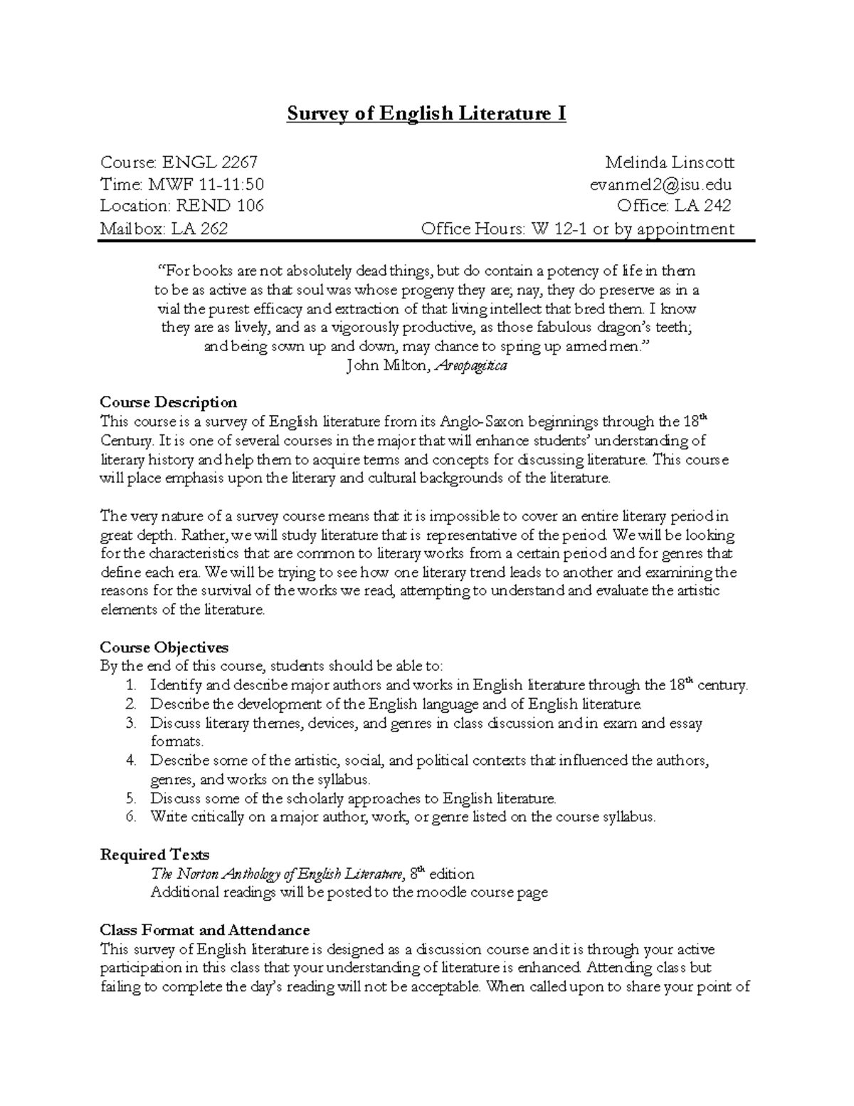 Survey of English Literature I ENGL 2267 - Survey of English Literature ...