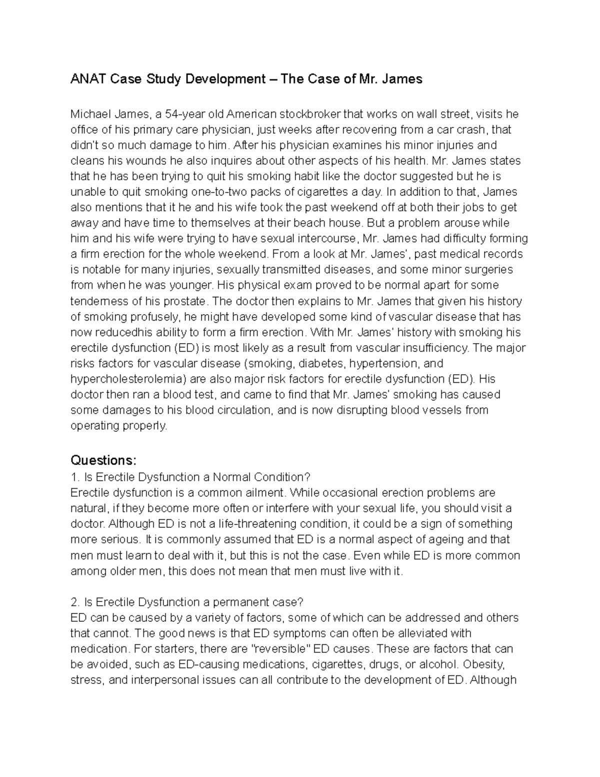 ANAT Case Study Development – The Case of Mr - James Michael James, a ...