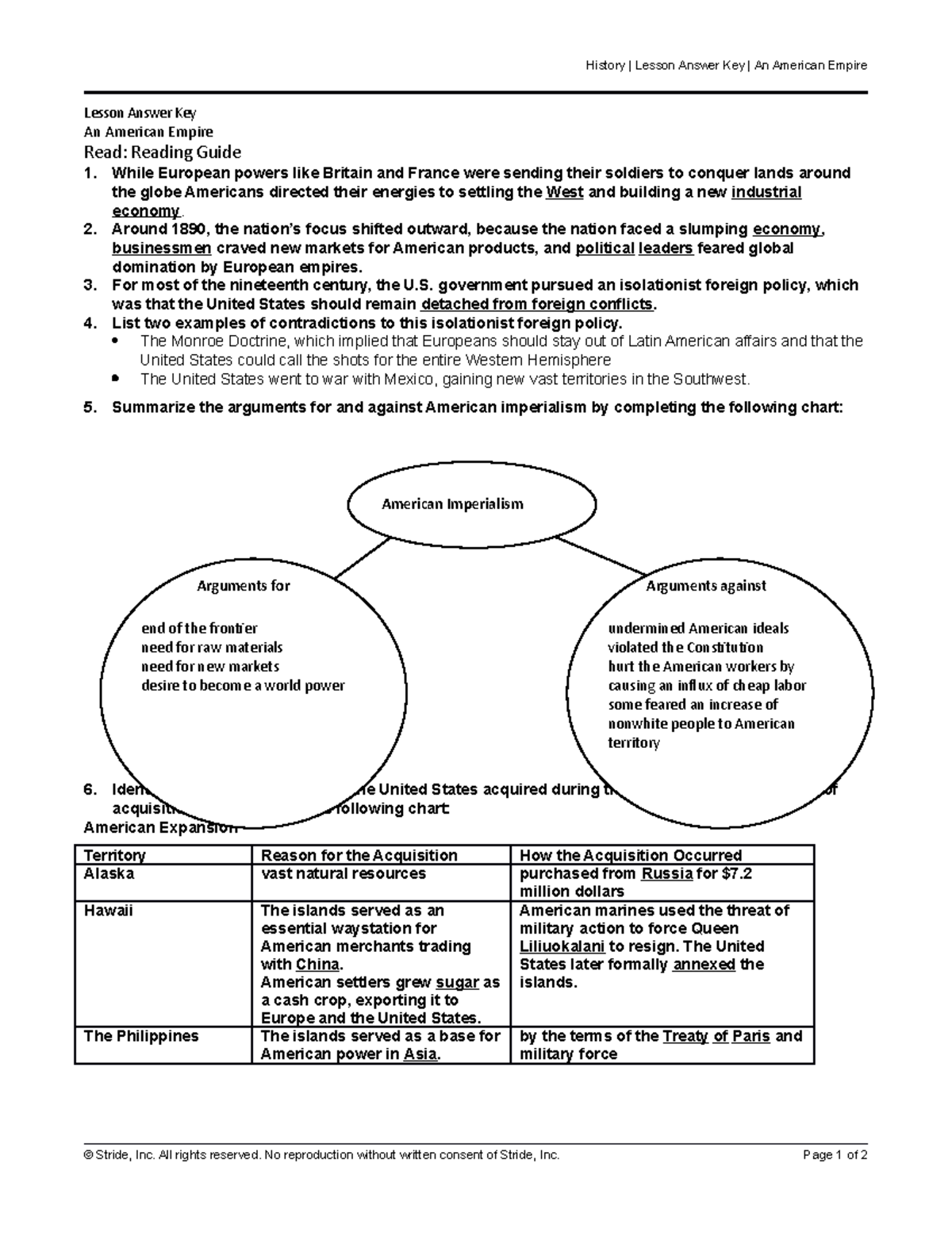 US History 12TH Grade Lesson KEY reading guides - History | Lesson ...