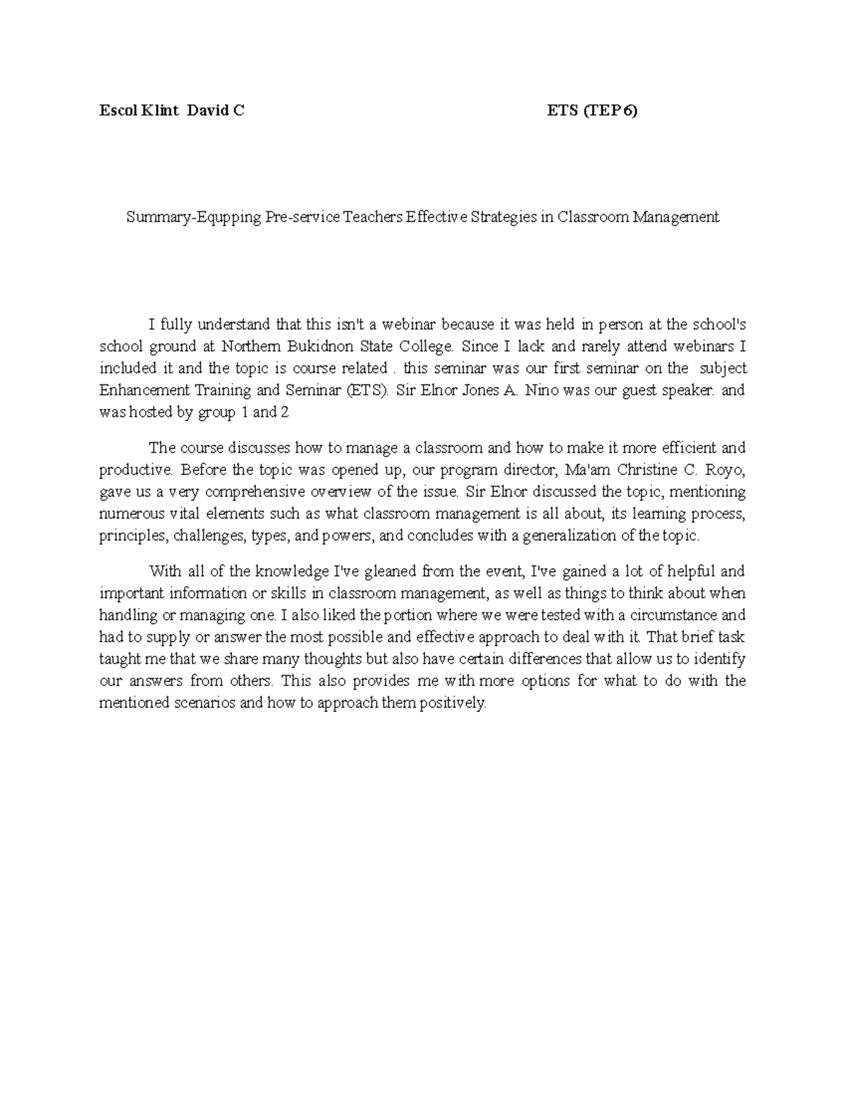 Escol ETS - essay ets - Escol Klint David C ETS (TEP 6) Summary ...