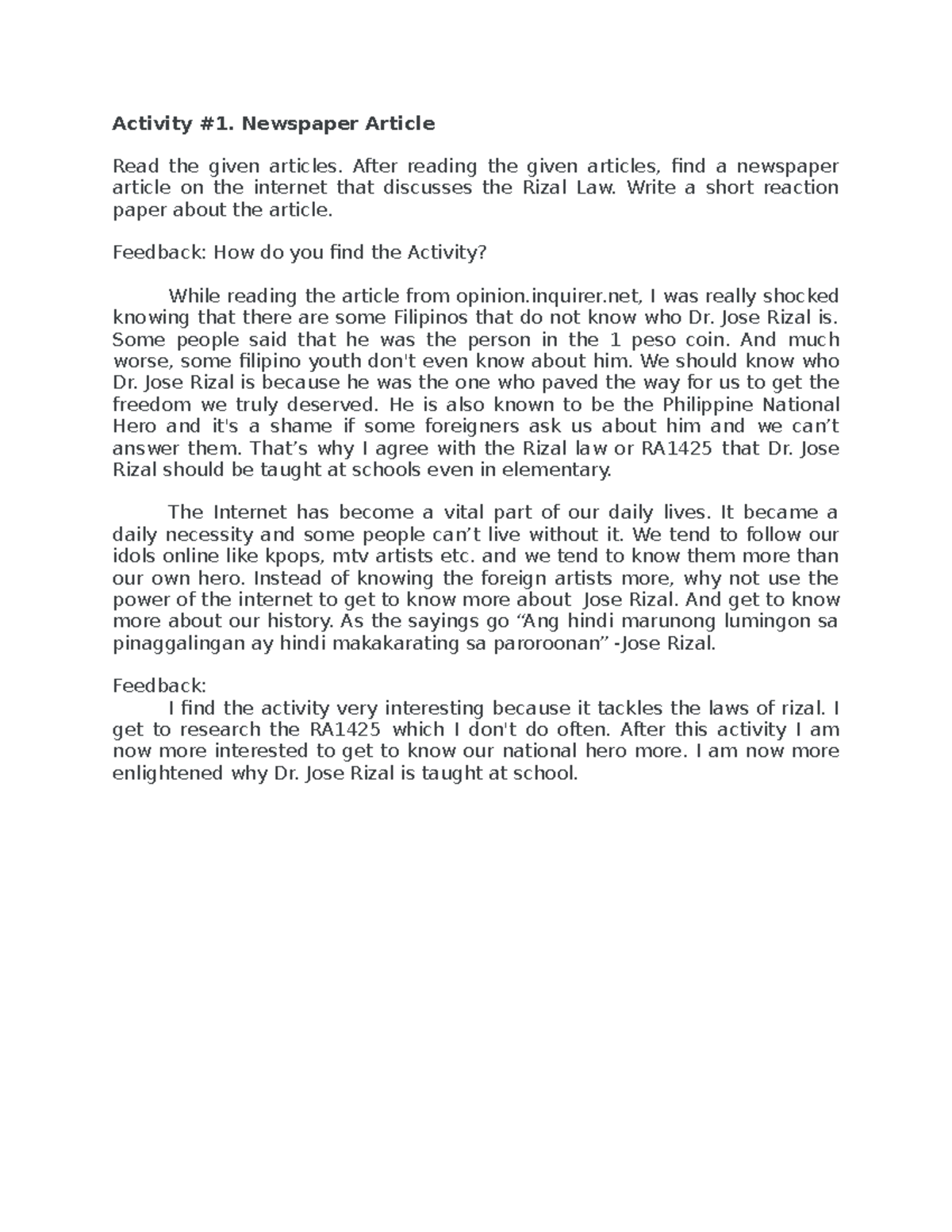 Hist 10 - history - Activity #1. Newspaper Article Read the given ...