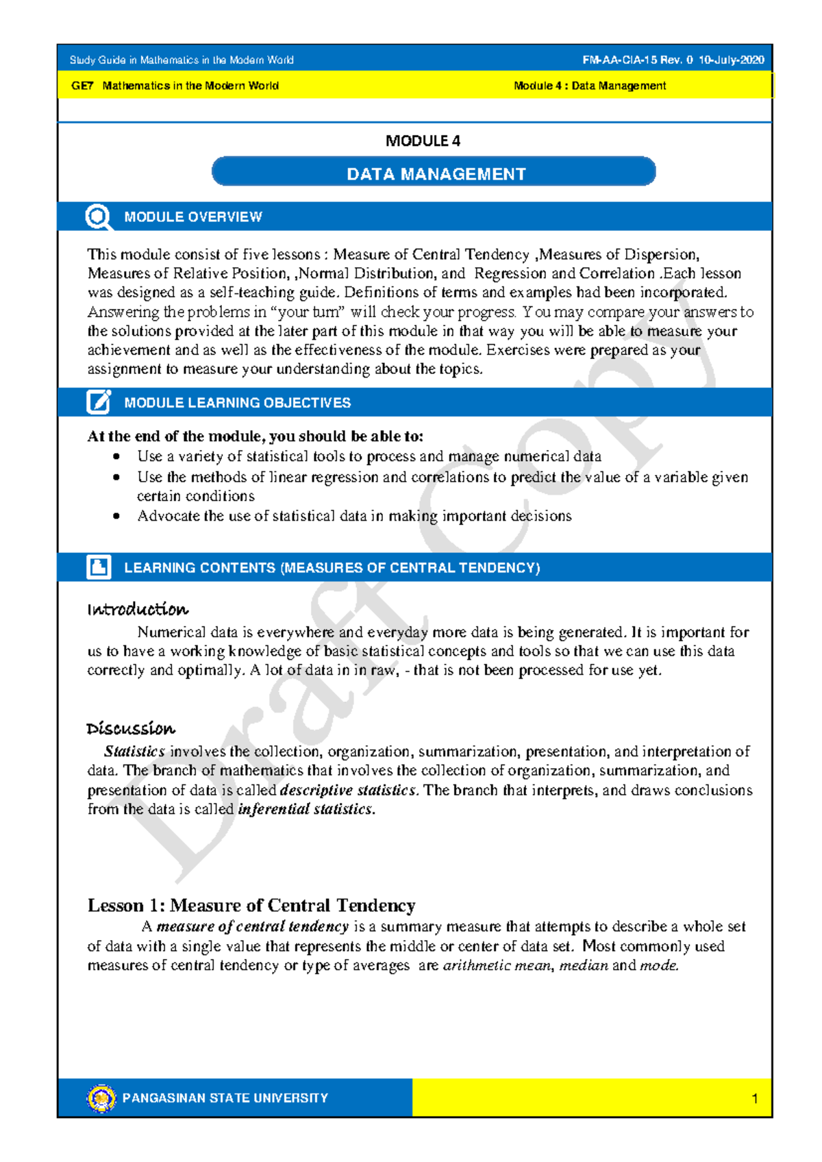MMWModule- Chapter 4 - ####### PANGASINAN STATE UNIVERSITY GE7 Mathematics in the Modern World ...