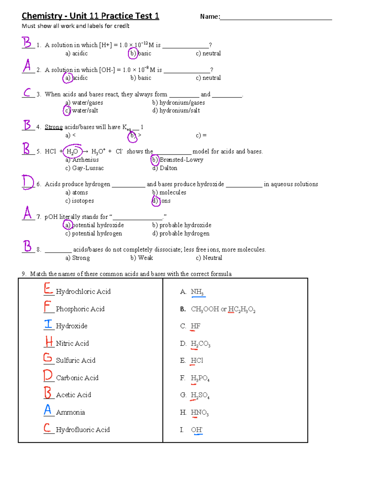 Unit 11 Practice Test 1 (answers) - Chemistry - Unit 11 Practice Test 1 ...