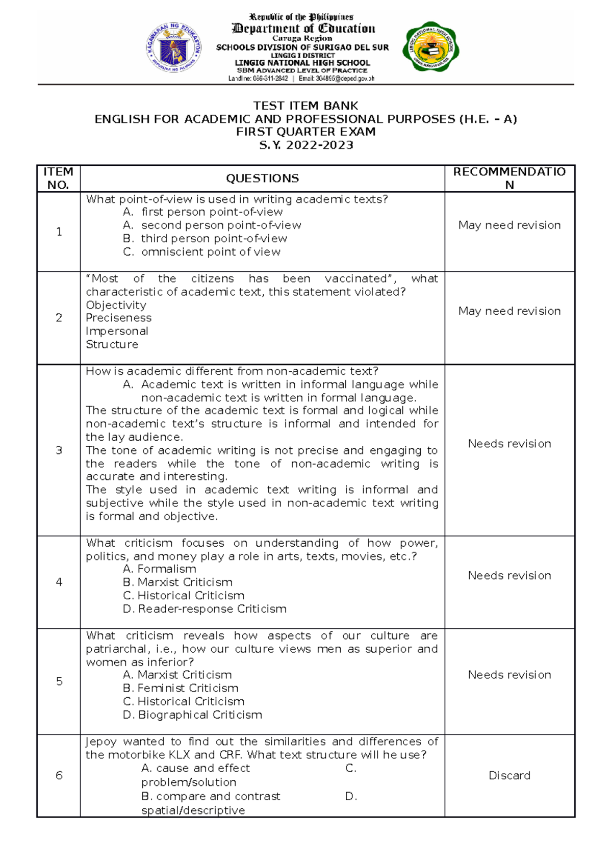 EAPP TEST ITEM BANK HE-A - TEST ITEM BANK ENGLISH FOR ACADEMIC AND ...