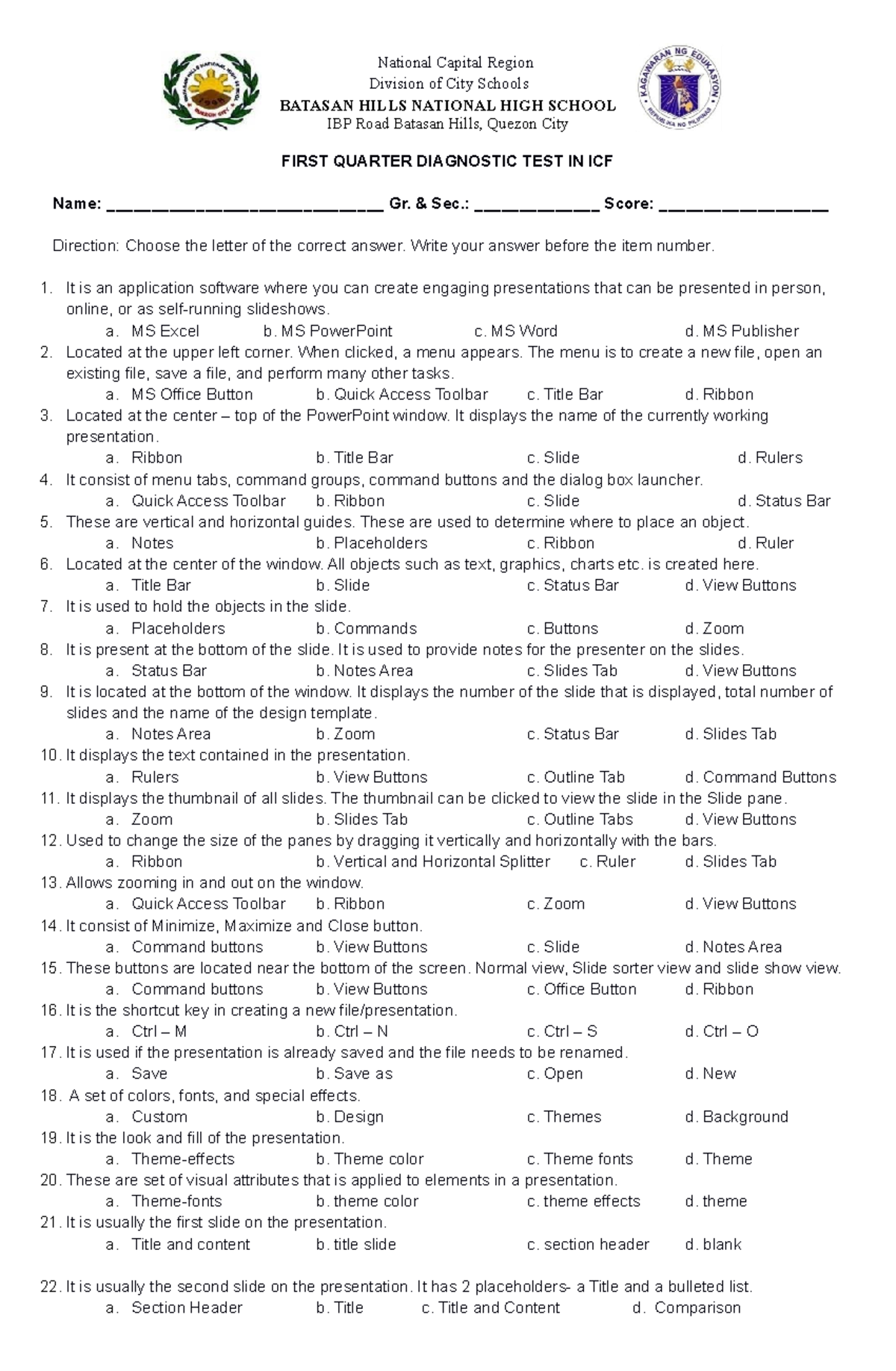 1st Q Pre-Test in ICF - National Capital Region Division of City ...