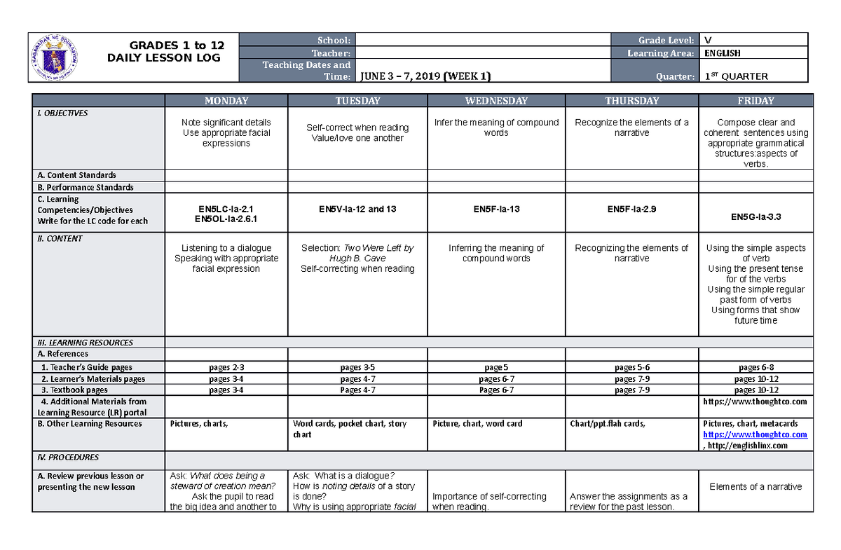 English Lesson Plan - GRADES 1 to 12 DAILY LESSON LOG School: Grade ...