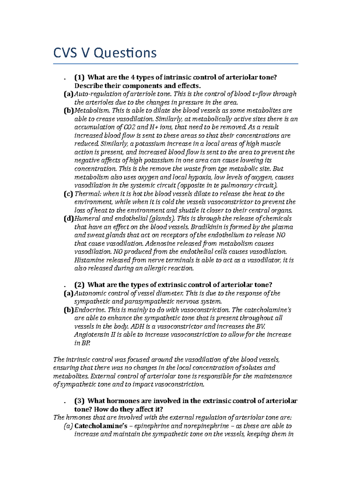 CVS V Questions - Summaries of learning objectives. - CVS V Questions ...