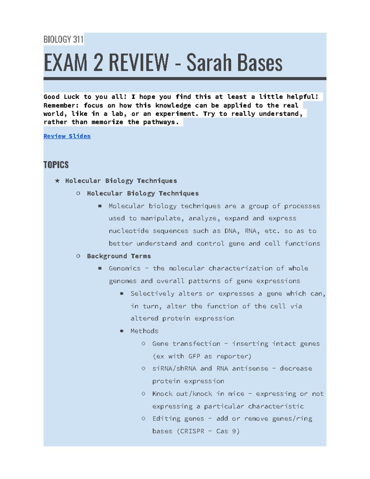 Bio 311 Exam 2 Review - Sarah Bases - BIOLOGY 311 EXAM 2 REVIEW - Sarah ...