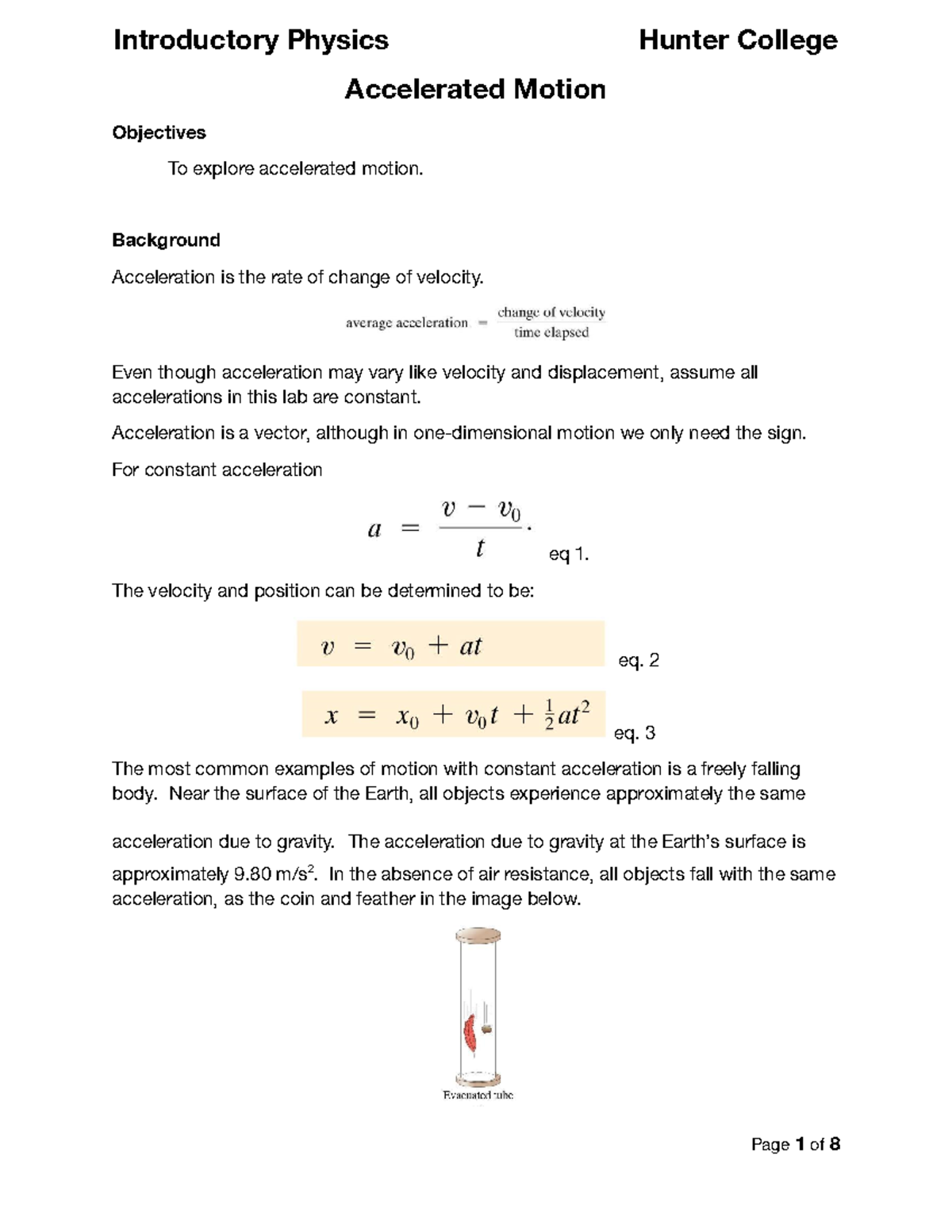 Lab 2 Accelerated Motion - Introductory Physics Hunter College ...