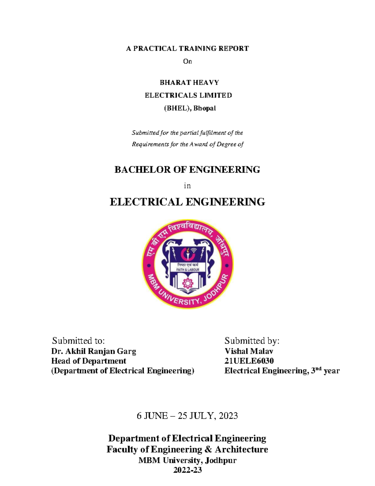 BHEL Report Vishal Malav 2023 - A PRACTICAL TRAINING REPORT On BHARAT ...
