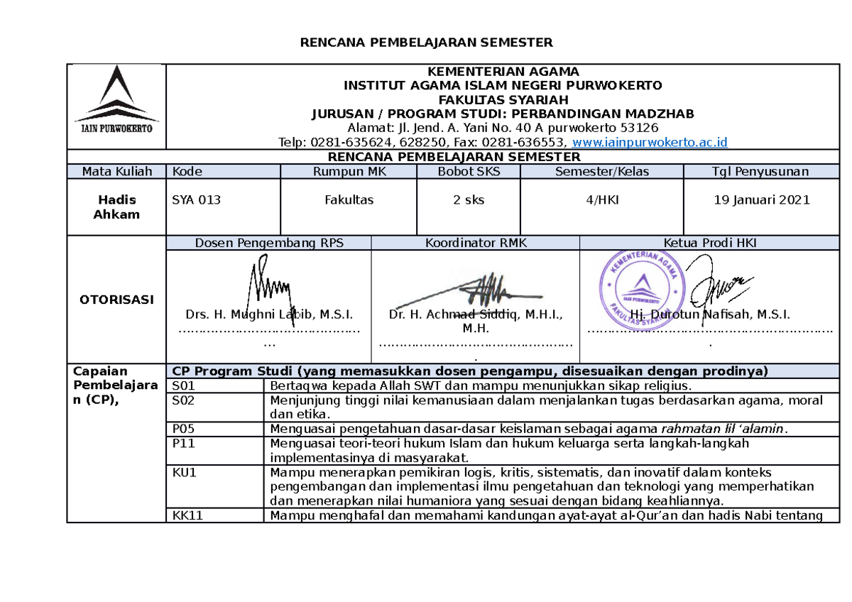 RPS Hadis Ahkam HKI 2021 - RENCANA PEMBELAJARAN SEMESTER KEMENTERIAN AGAMA INSTITUT AGAMA ISLAM ...
